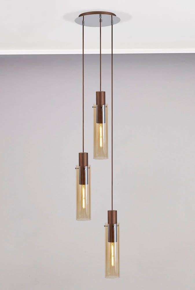 Boreray Slim 3 Light Spiral Pendant in Mocha with Faded Amber Glass Shades