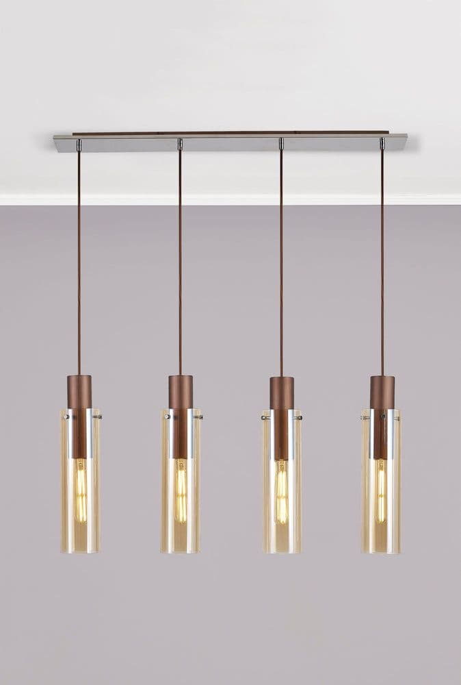 Boreray Slim 4 Light Bar Pendant in Mocha with Faded Amber Glass Shades