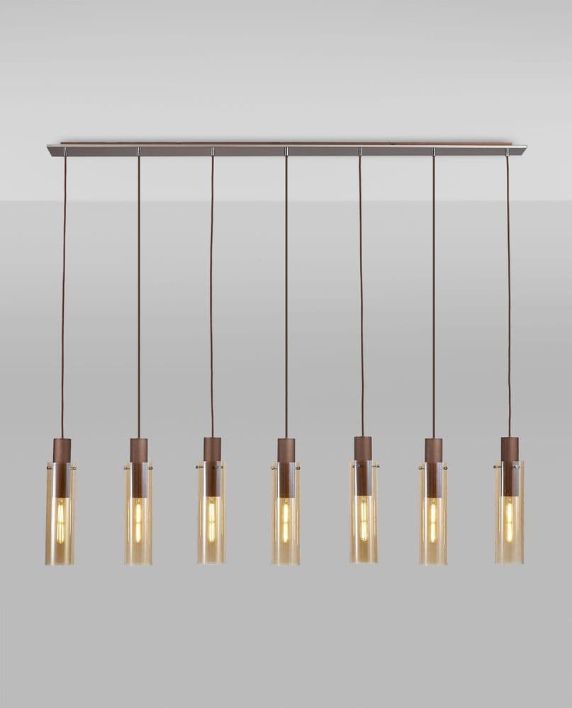 Boreray Slim 7 Light Bar Pendant in Mocha with Faded Amber Glass Shades