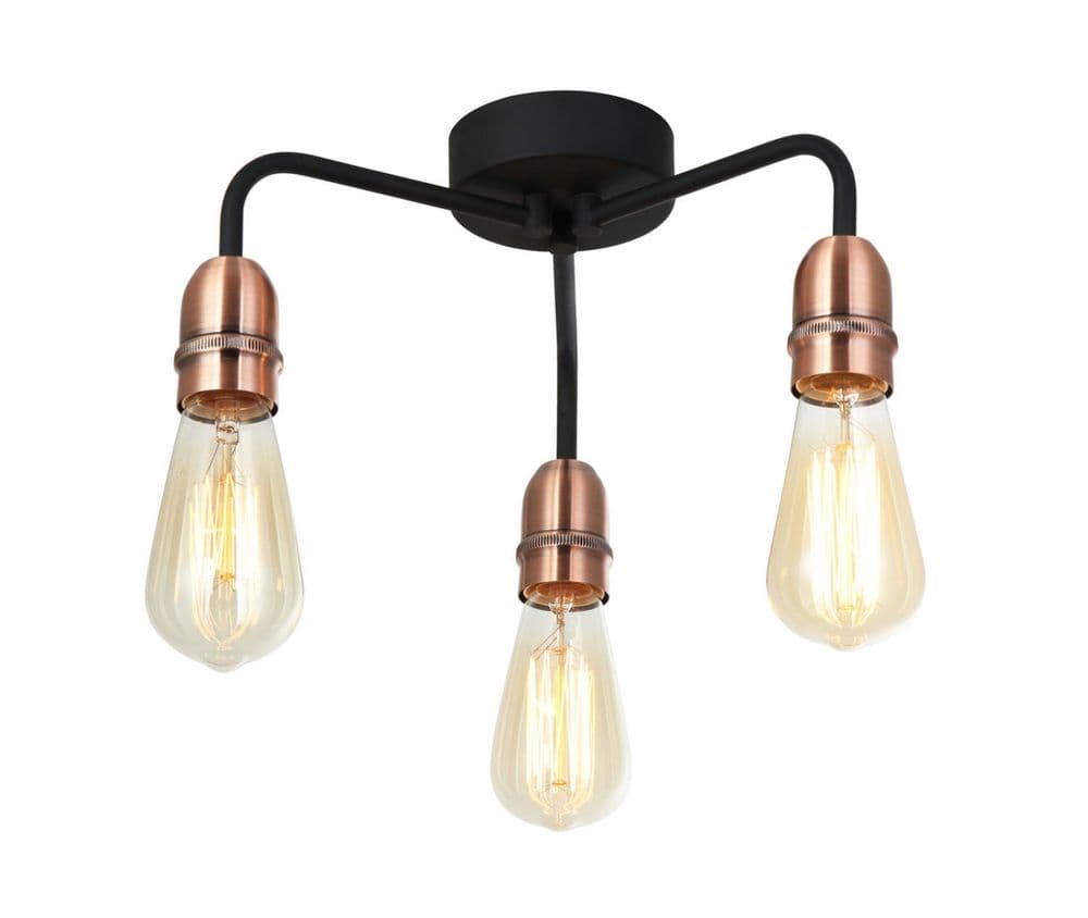 Flintham 3 Light Fitting in a Matt Black Finish with Copper Detail