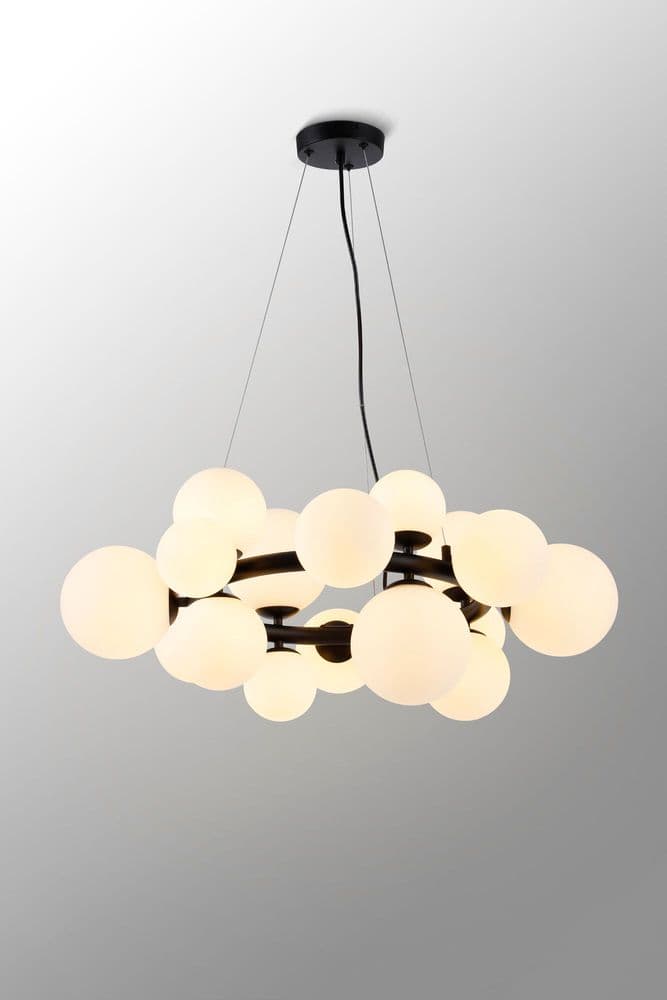 Rhoen 16 Light Circular Fitting in Satin Black with Opal Glass Shades