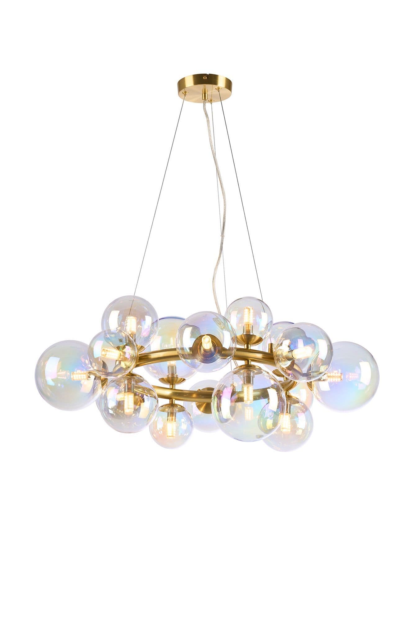 Rhoen 16 Light Circular Fitting in Satin Gold with Iridescent Glass Shades