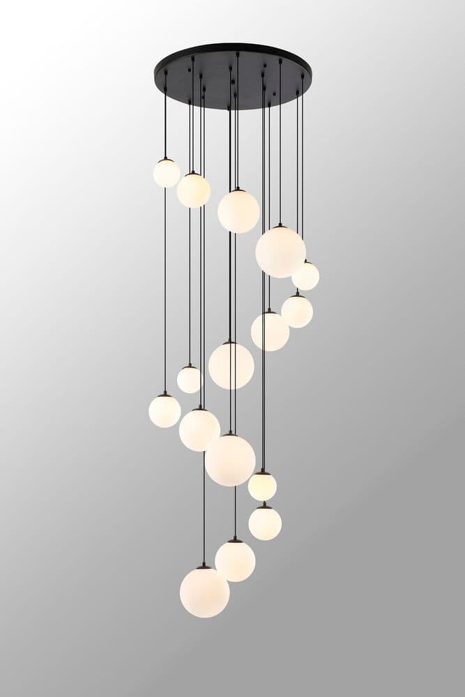 Rhoen 16 Light Fitting in Satin Black with Opal Glass Shades