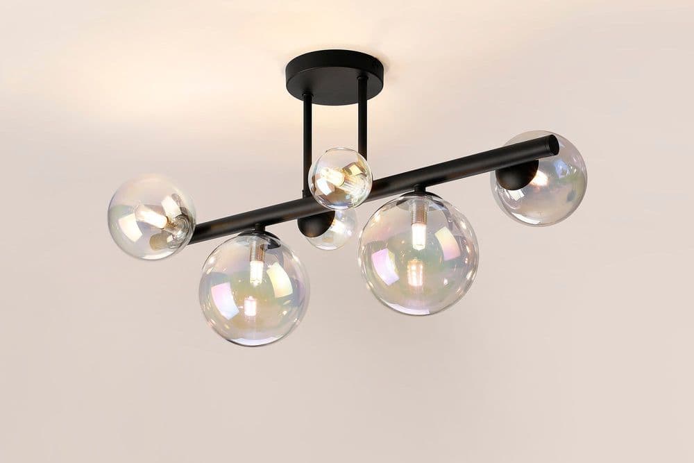 Rhoen 6 Light Fitting in Satin Black with Iridescent Glass Shades