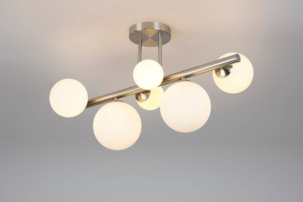 Rhoen 6 Light Fitting in Satin Chrome with Opal Glass Shades