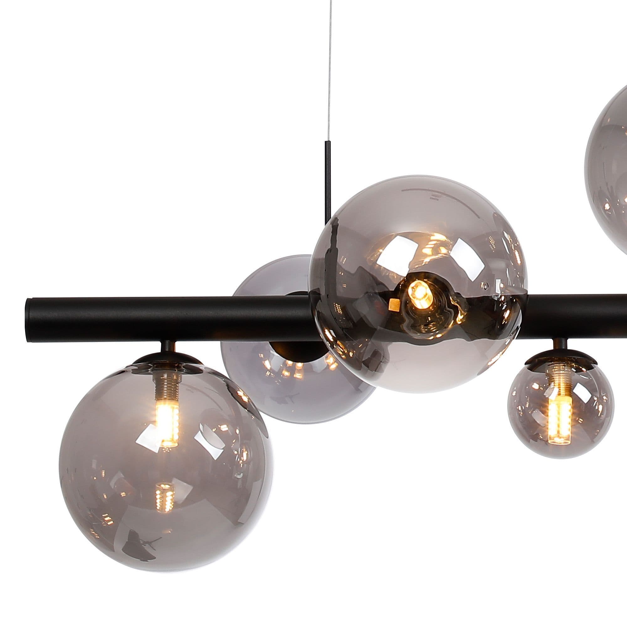Rhoen 9 Light Linear Fitting in Satin Black with Smoked Glass Shades