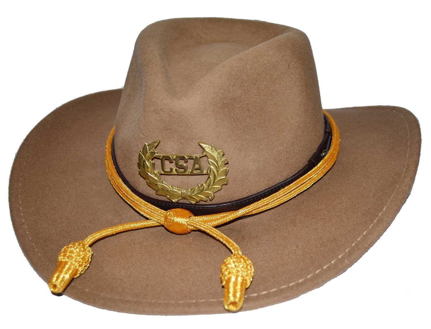 Confederate Butternut Slouch Hat Gold Cord & Metal CSA Badge