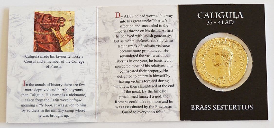 Pewter Rome Roman Emperor Caligula Sestertius Coin - Packaged On Info Card