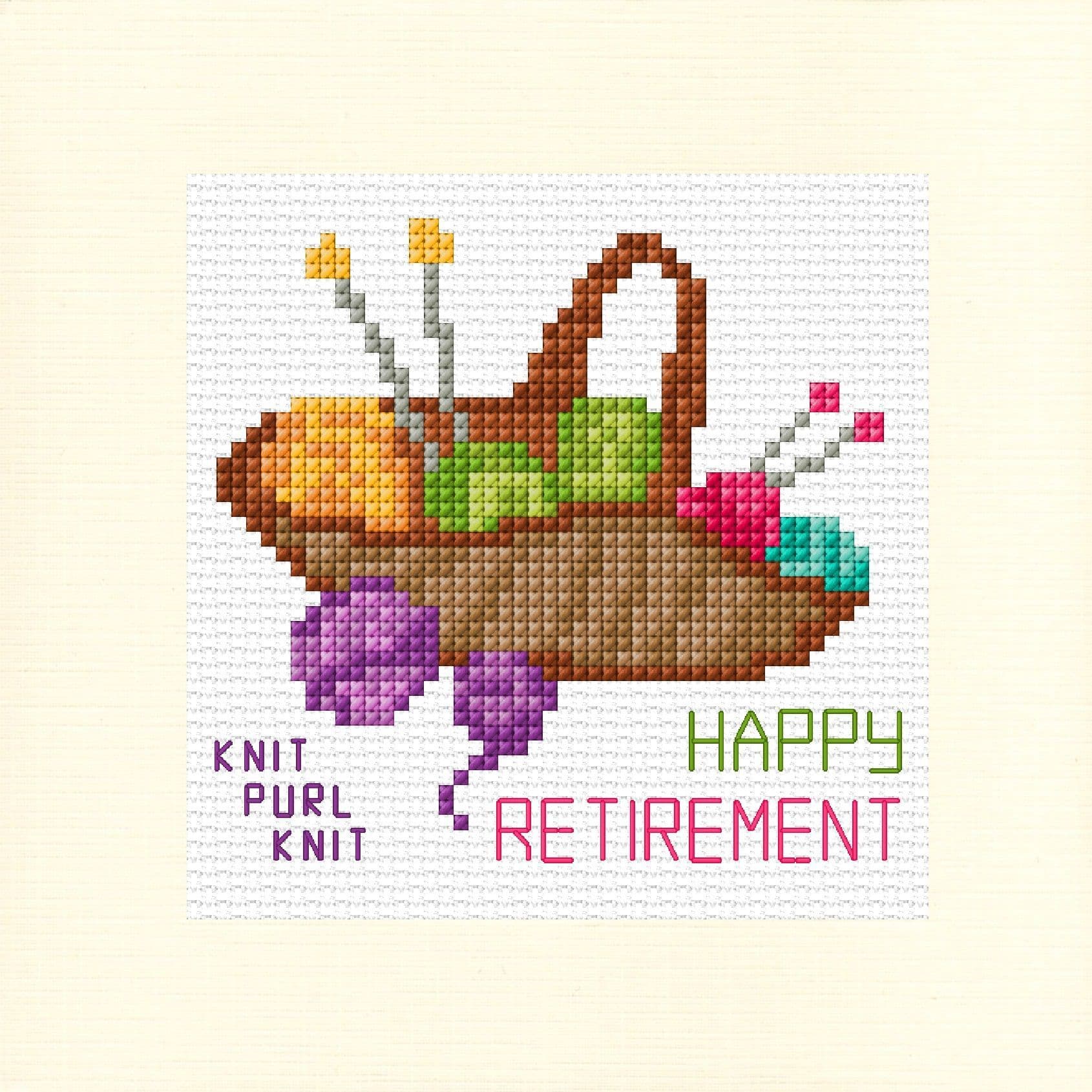 Knitting Basket - Retirement Greeting Card Cross Stitch Kit 5 5" x 5 5