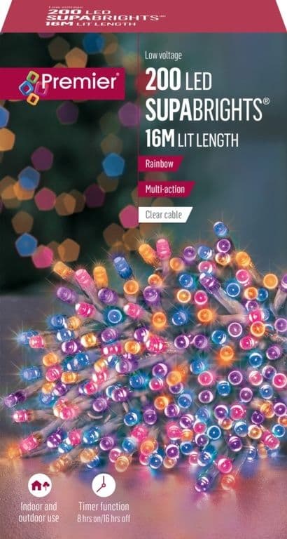 Premier 200 Multi Action LED Supabrights With Timer - Rainbow/Clear Cable