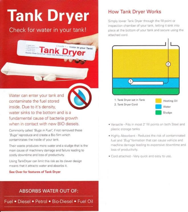 Tank Dryer - removes water from oil in your tank