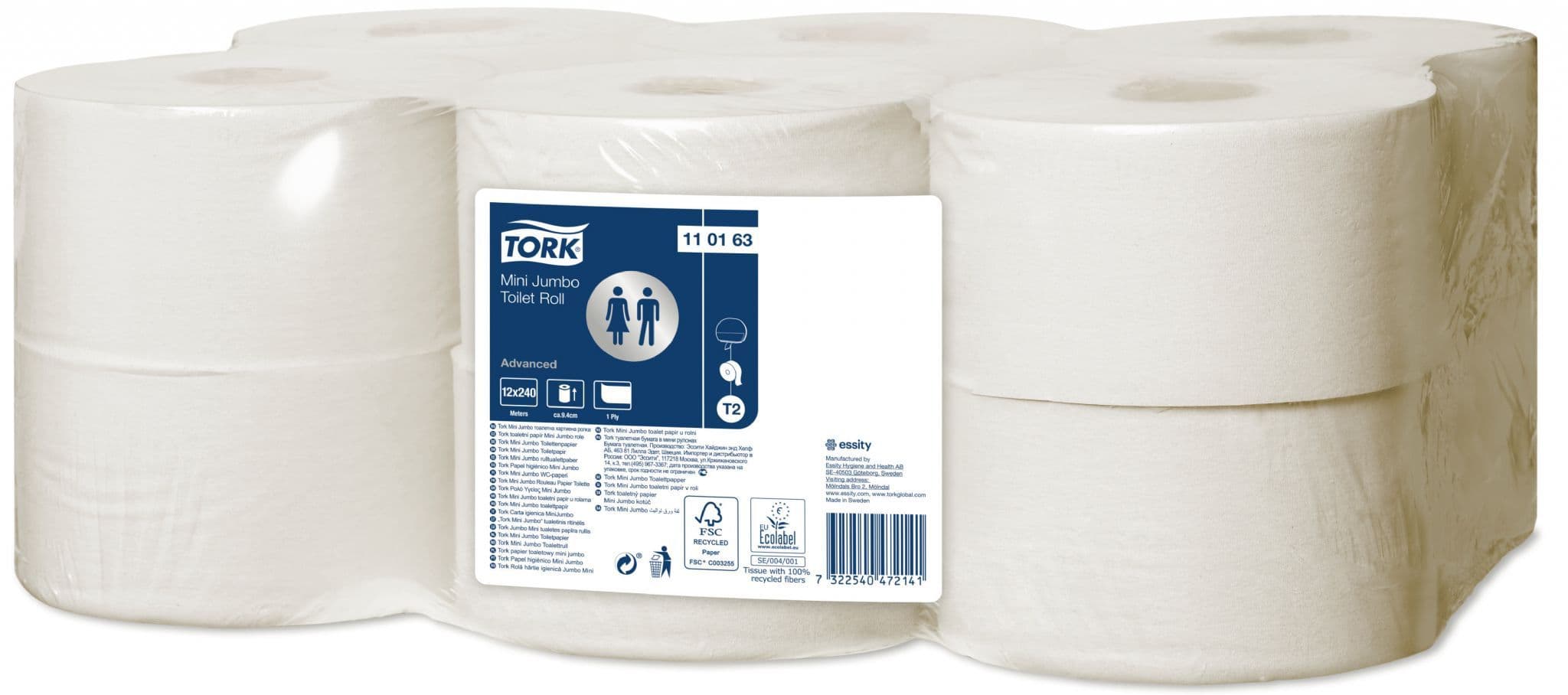 Tork T2 White Mini 1 Ply Jumbo Toilet Roll 240M - Pack of 12