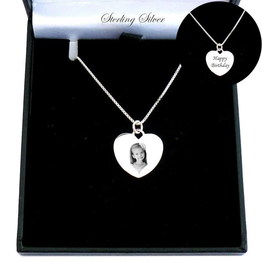 925 Sterling Silver Engraved Memorial Photo Heart Pendant Necklace ...