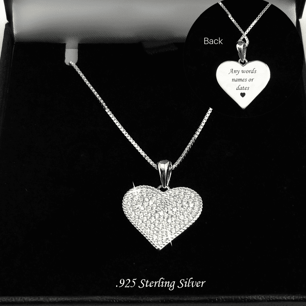 Sterling Silver Engraved Heart Pendant Necklace with CZ Crystals ...