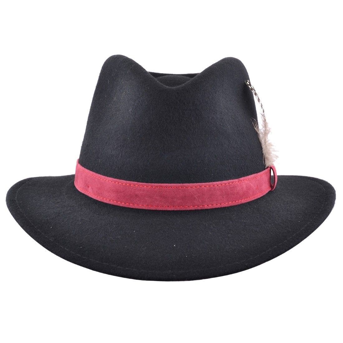 Fedora Hat Black with Raspberry Velvet Band and Removable Feather