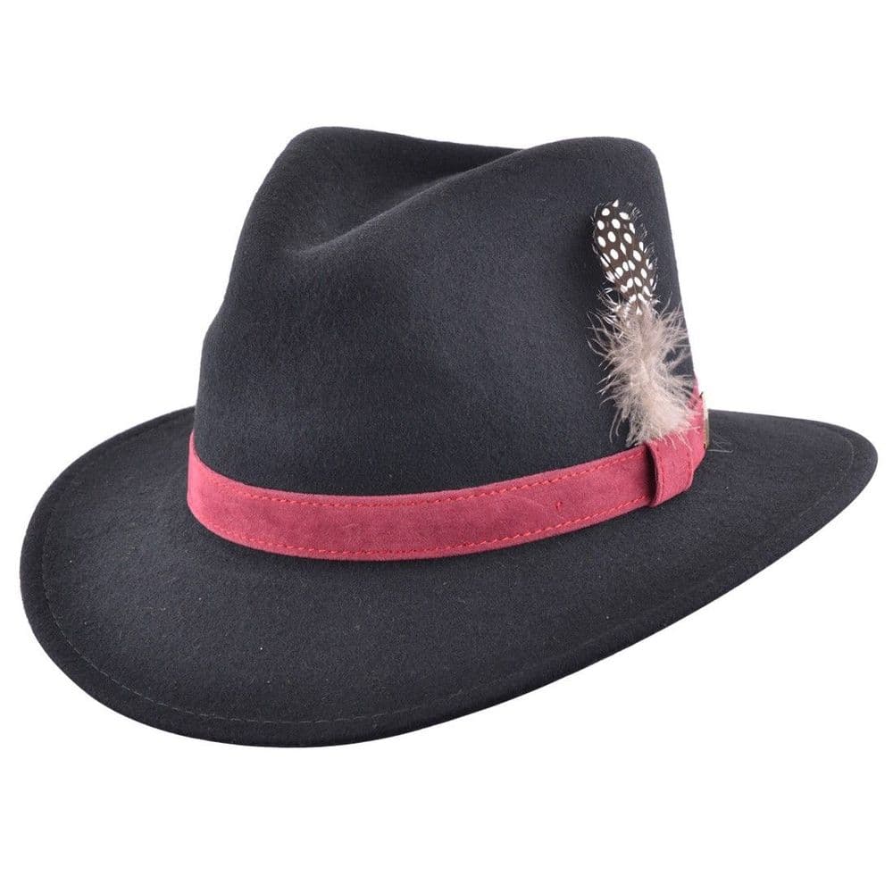 Fedora Hat Black with Raspberry Velvet Band and Removable Feather
