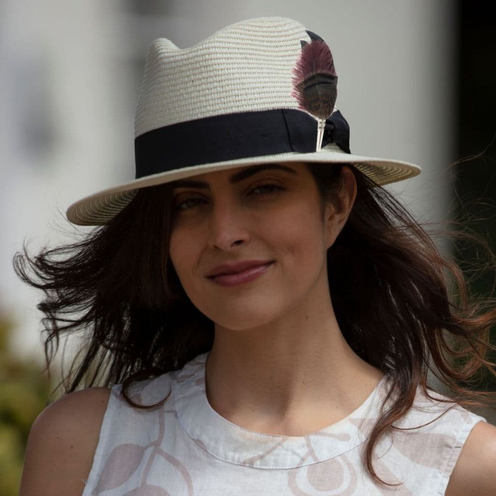 Panama Style Summer Fedora Hat with Removable Feather Brooch - Cream ...