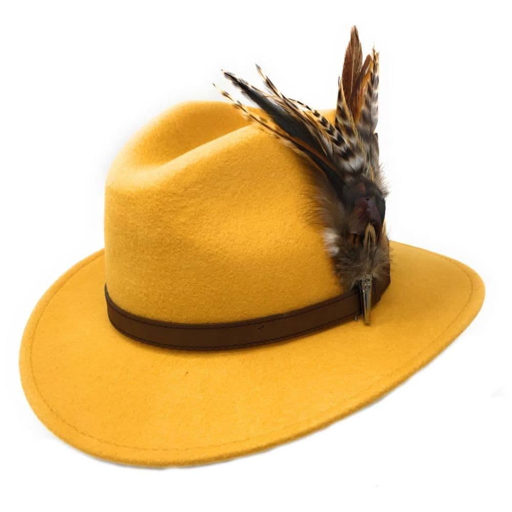 Yellow Fedora Hat with Country Feather Brooch - Bourton
