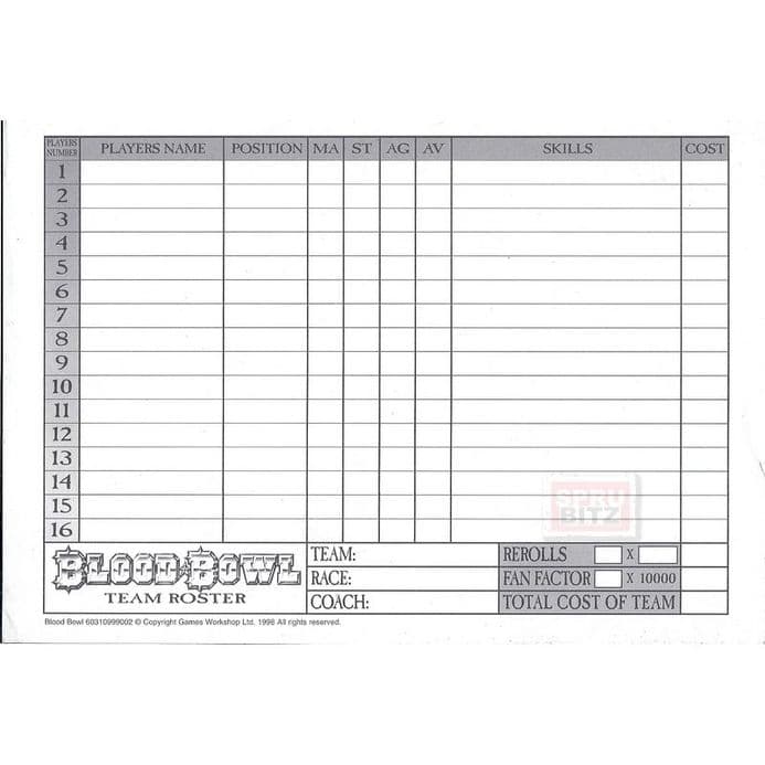 Blood Bowl Team Roster sheets Bloodbowl x10 A5