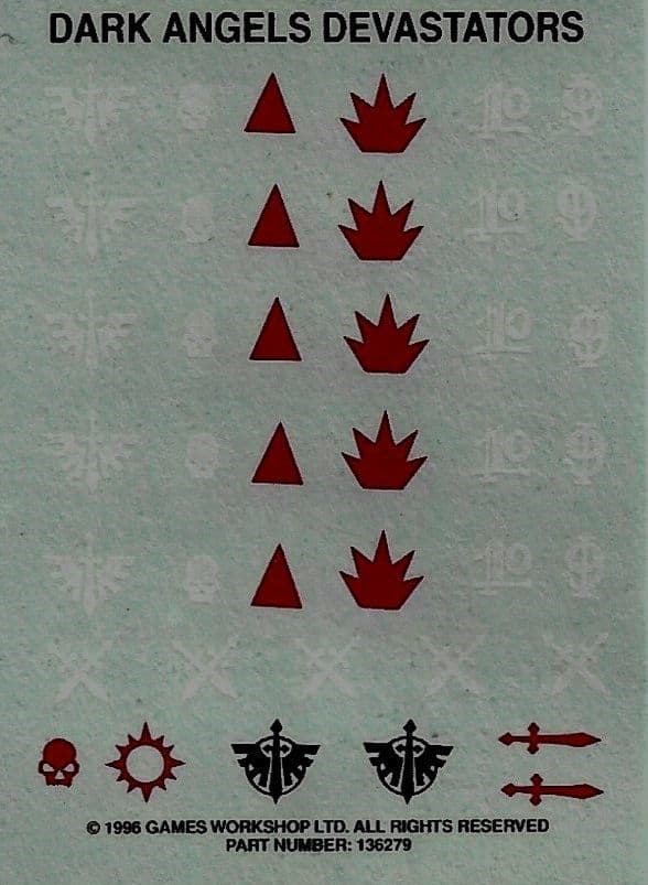 Dark Angels Devastators Transfer Sheet Decals 1996
