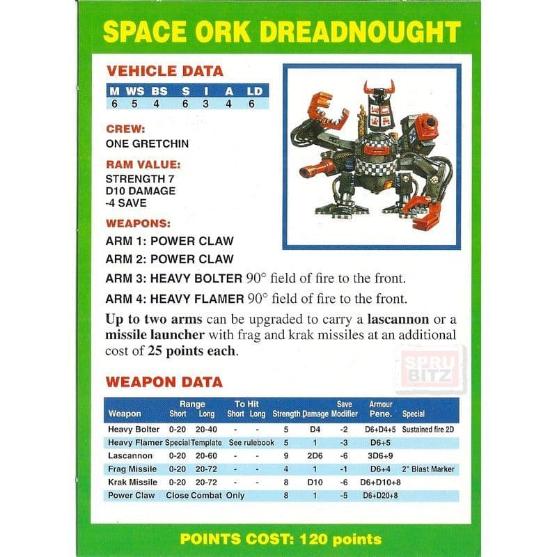 Space Ork Dreadnought Vehicle Data Card from Warhammer 40 000 2nd Edition