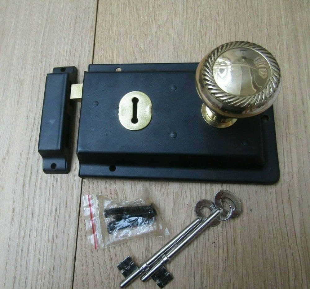 6" Rim Lock Black & Georgian Rim Brass Set