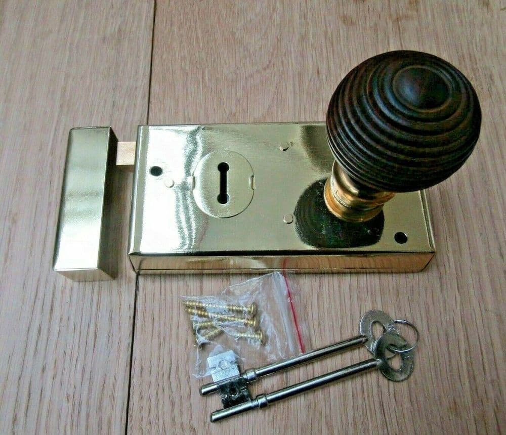 6" Rim Lock Brass & Beehive Teak Brass Set