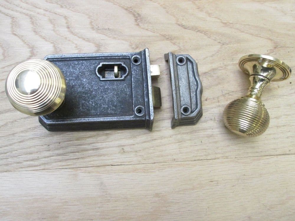 Large Rim Latch Antique Iron & Beehive Rim Brass Set