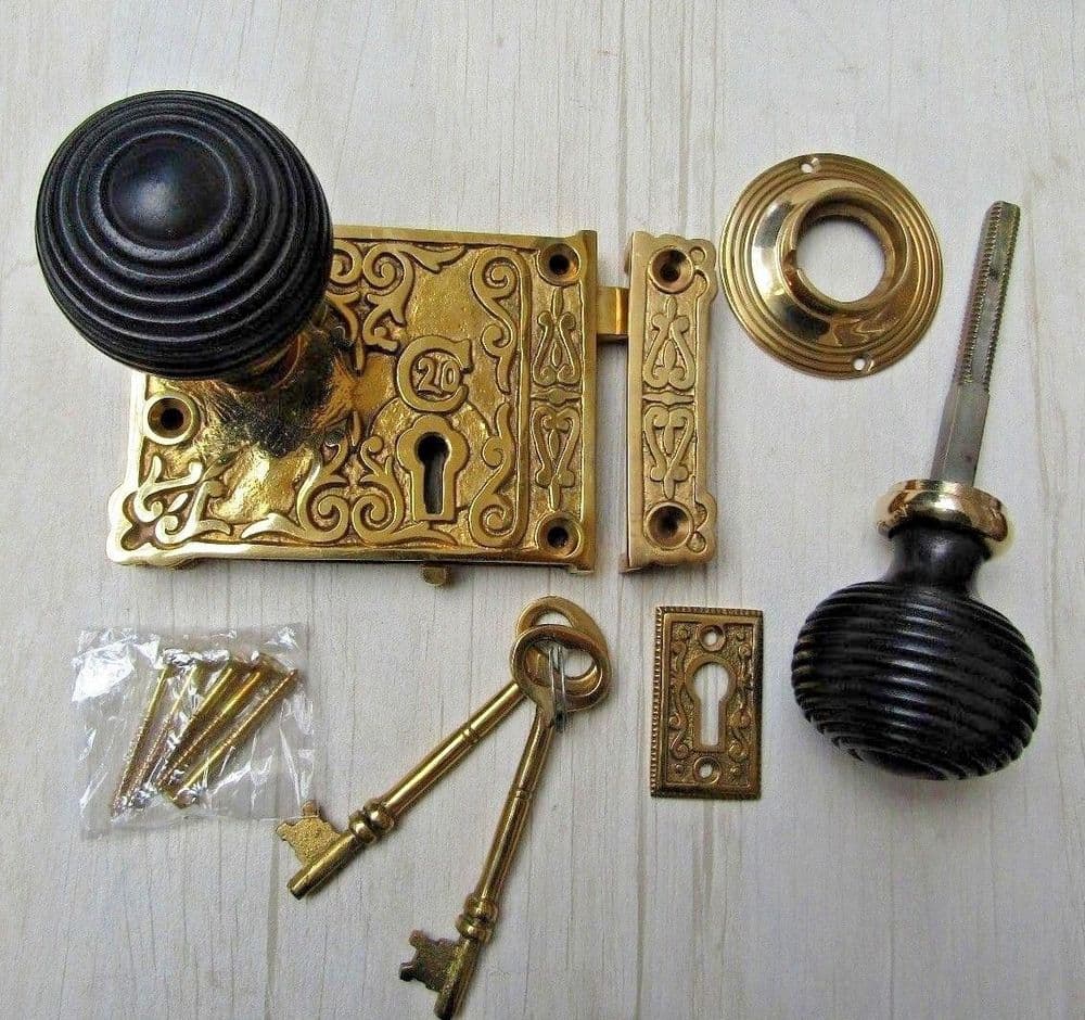 Ornate Rim Lock & Beehive Ebony Brass Set