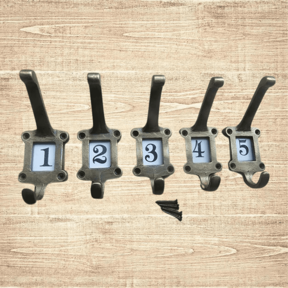 Pack of 5 Ceramic Insert 1-5 Numbered Antique Brass Coat Hooks