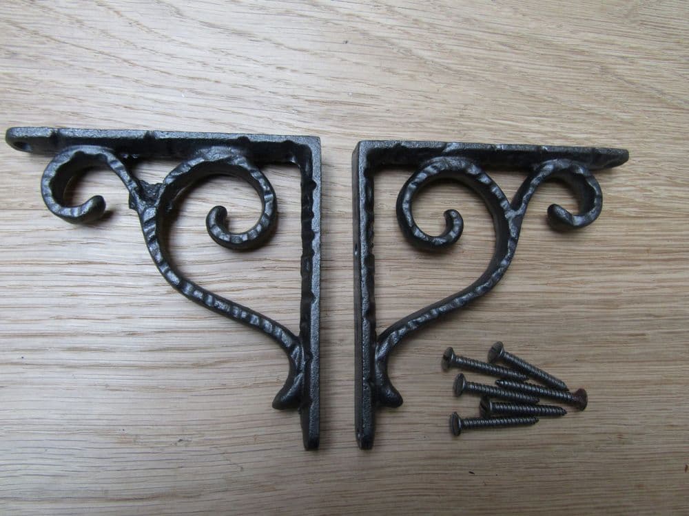 Pair Of 4" Textured Scroll Shelf Brackets Antique Iron