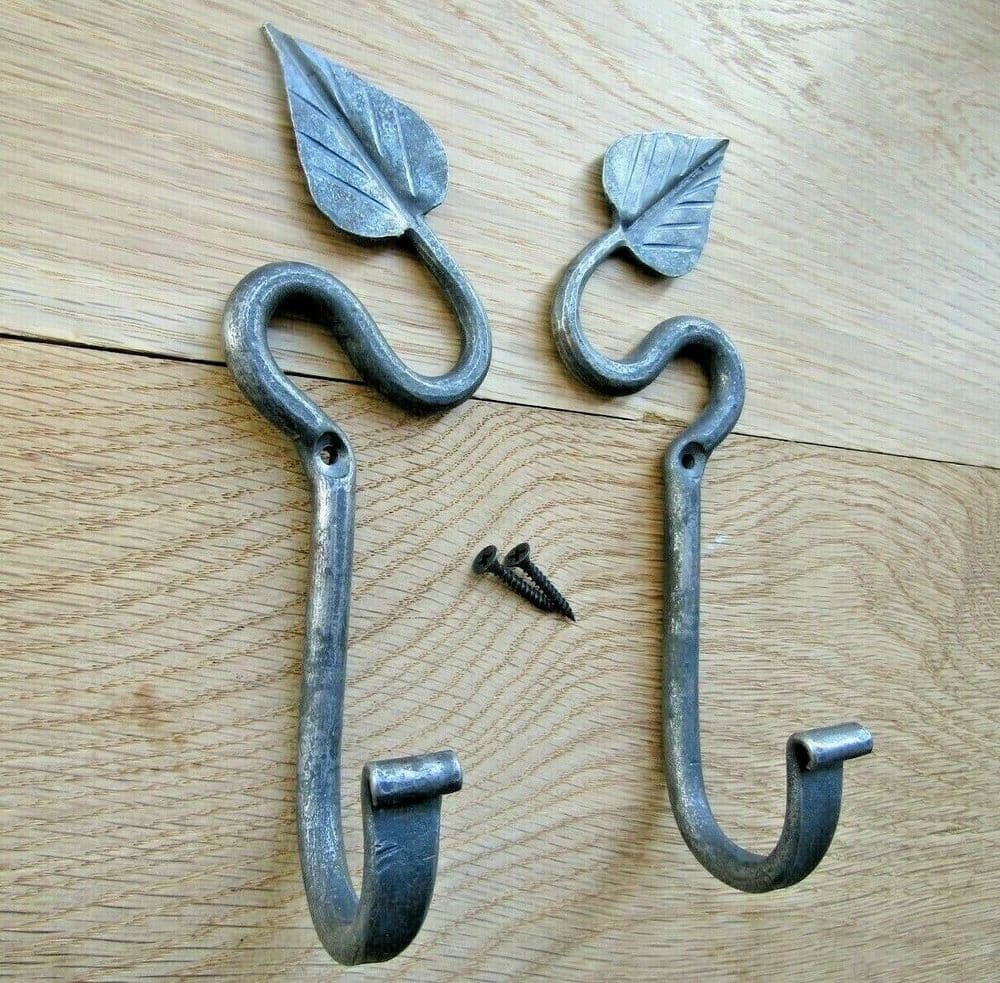 Pair Of 7 Swirl Leaf Hooks Antique Iron