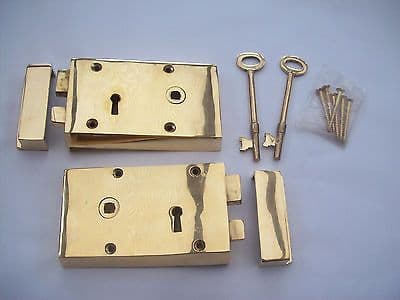 SOLID CAST POLISHED BRASS OLD ENGLISH GEORGIAN STYLE DOOR RIM LOCK LATCH