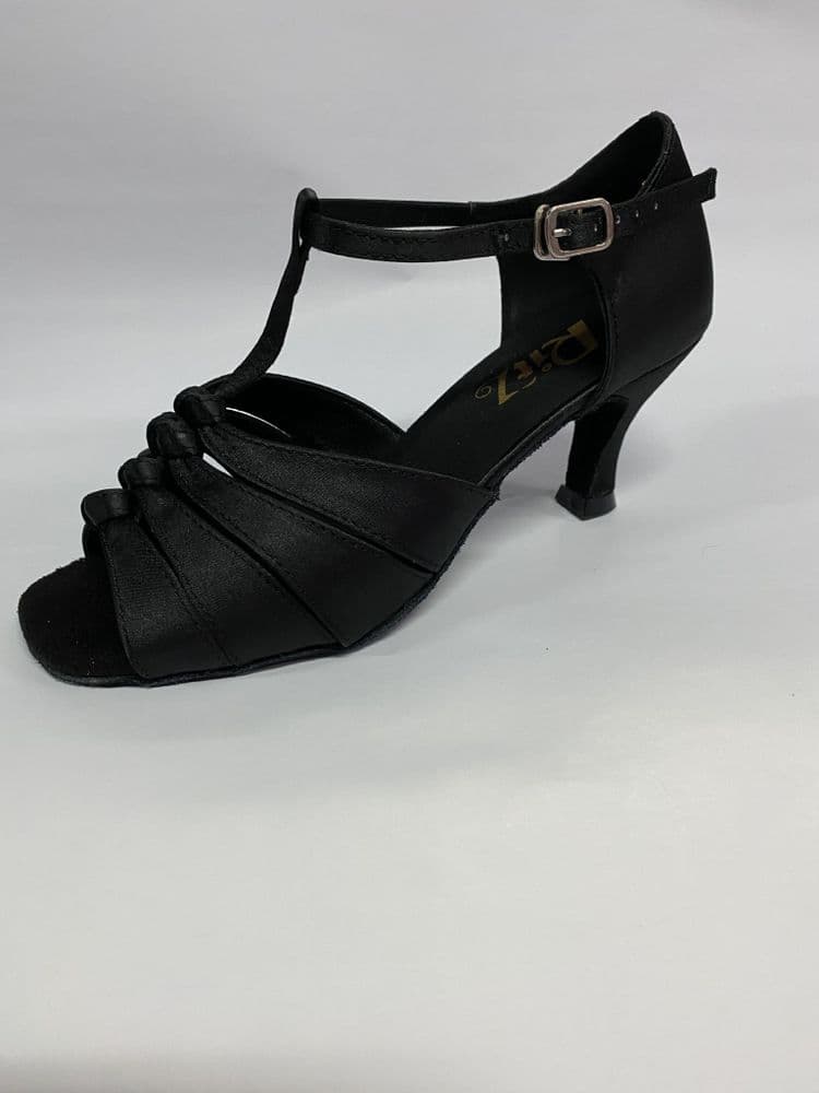 MANDY -Ladies Latin TBar Dance shoe in Black Satin with Knott design
