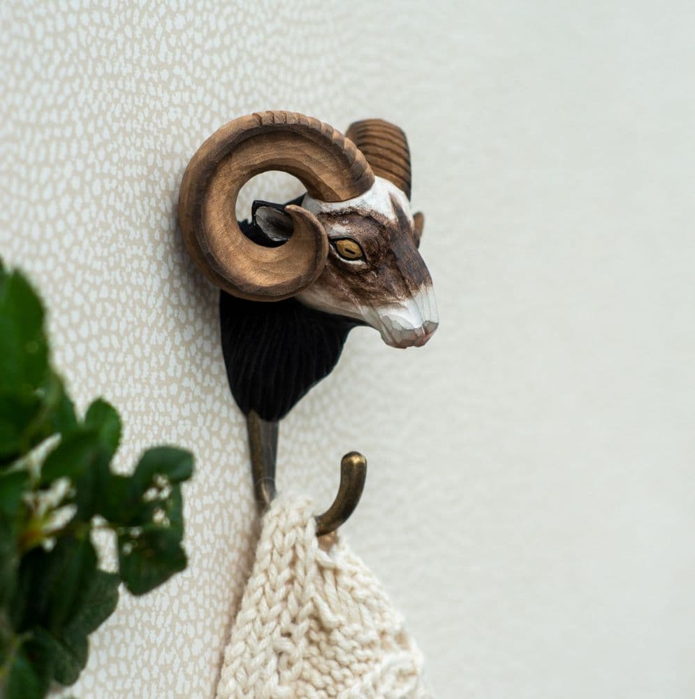 Carved Wooden Ram Hook