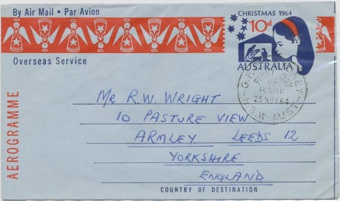 Australian Aerogramme BW A22y 10d Christmas 1964 FDI