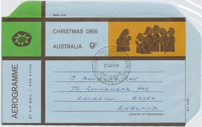 Australian Aerogramme BW A27y 9c Christmas 1966 FDI