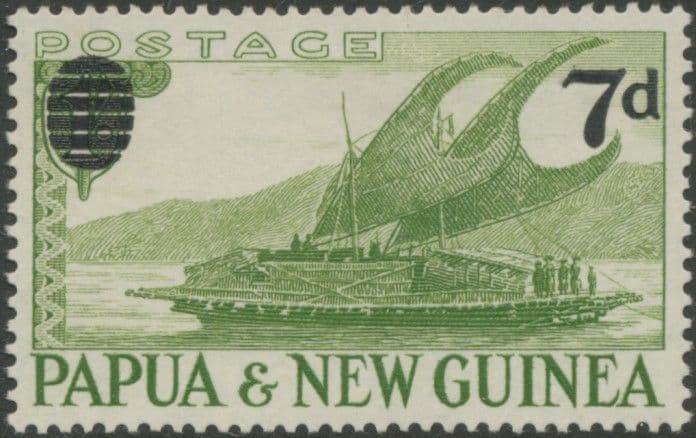 Papua New Guinea Stamps SG17 7d. on 1s. yellow-green Lakatoi