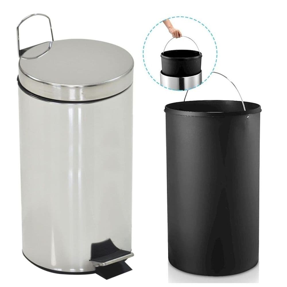 30L Stainless Steel Slim Indoor Kitchen Bin With Handle & Inner Bin