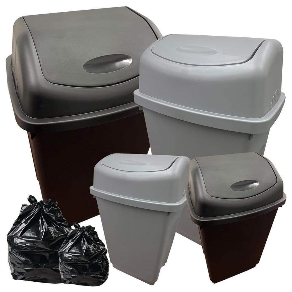Black Or Silver Home Kitchen Office Plastic Waste Bins With Swing Lids