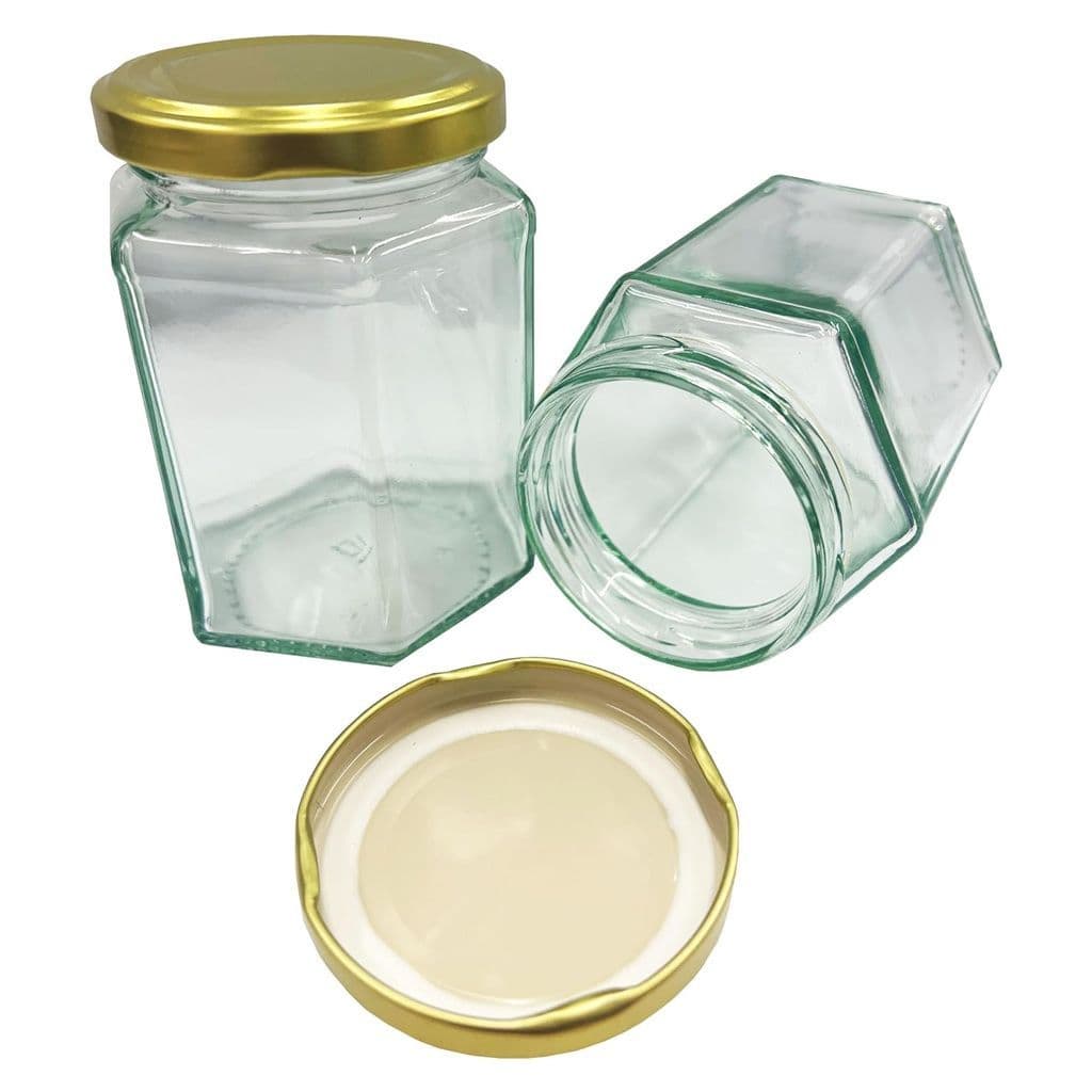 Hexagonal Clear Airtight Glass Jam Jars With Gold Twist Top Lids For ...