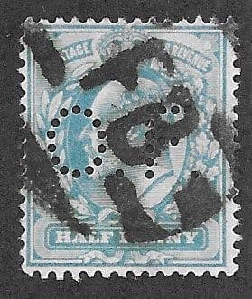 1902 1/2d BLUE GREEN PERFIN O F FINE USED