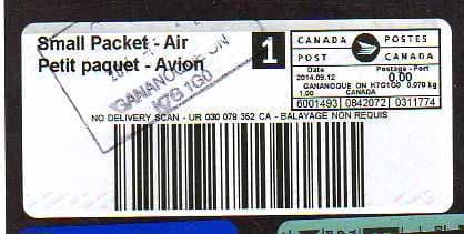 2014 SMALL PACKET- AIR CANADA POST POSTAGE LABEL FACE VALUE 0 00