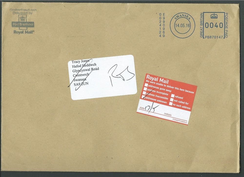2016 0040 METERED MAIL WITH ADDRESSEE UNKNOWN LABEL AND L/H POST ...