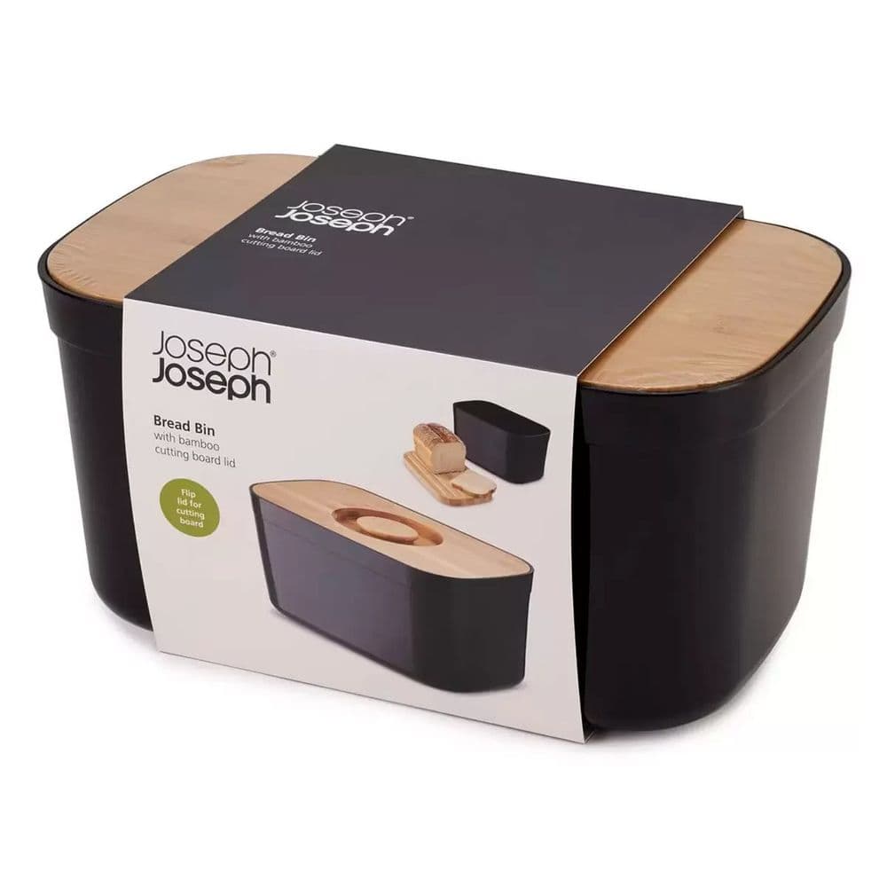 Joseph Joseph Bread Bin with Bamboo Lid Cutting Board Black Steel