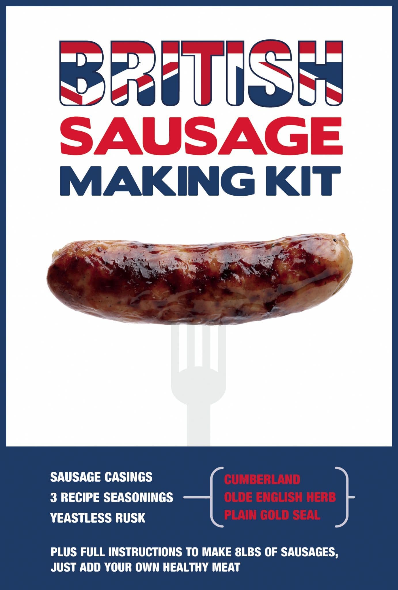 British Home Sausage Making Starter Kit Yeastless Rusk 28mm Sausage Skins 3 Seasonings Guide