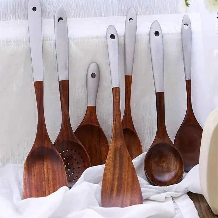 Ensemble de 7 pièces Ustensiles de cuisine en bois massif Teck