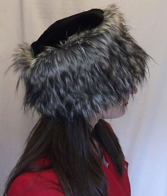 Fur Pillbox Hat in Black and Grey with Silver Highlights