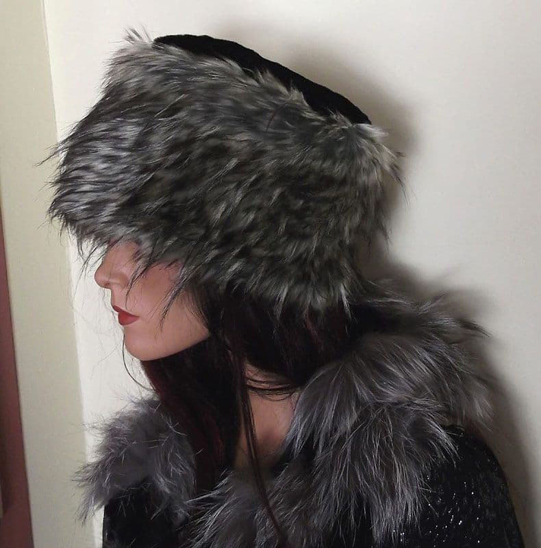 Fur Pillbox Hat in Black and Grey with Silver Highlights
