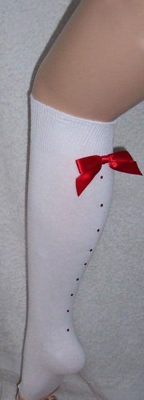 White knee high socks with diamante seams and red bows
